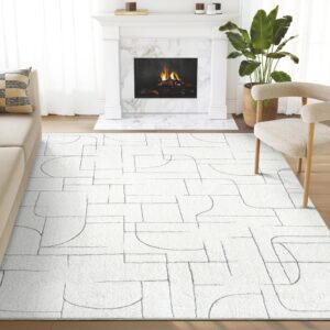 abani cozy cream area rug for living room, bedroom - grey linear lines pattern - 4' x 6' - durable & easy to clean