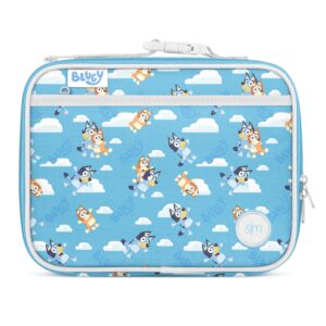 simple modern bluey kids lunch box for toddler | reusable insulated bag for girls | meal containers for school with exterior and interior pockets | hadley collection | bluey sky