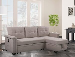 acosure 84" reversible sectional sofa with two usb charging ports and pocket,pull-out sleeper bed w/storage & tufted seat,easy to install,for apartment,bedroom,(light gray)