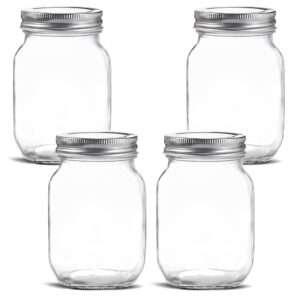 glass regular mouth mason jars, 16 oz clear glass jars with silver metal lids for sealing, canning jars for food storage, overnight oats, dry food, snacks, candies, diy projects (4 pack)