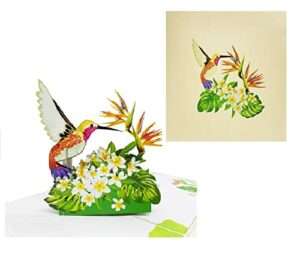 eta 3d floral hummingbird pop up card, birthday card, thank you card, mother's day card, nature card, congratulate with 3d bird, laser cut, handmade in vietnam, 5.9 in x 5.9 in