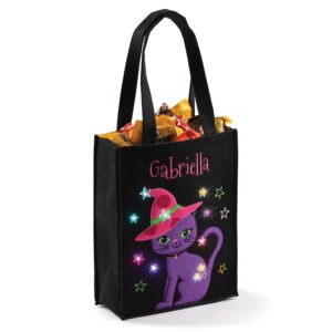 personalized planet led happy purple cat halloween light up trick or treat bag | custom name embroidered on black candy basket for kids | costume accessory