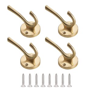 calidaka 4 pack gold wall hooks, gold hooks, metal coat hooks for hanging coats and hat hook,s wall mounted towel hooks for bathrooms clothing hooks for bedroom double hooks