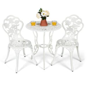 dortala cast aluminum patio bistro set, 3 pcs garden table set w/ 2 chairs, aluminum frame, exquisite rose scroll, 1.57” outdoor furniture for balcony, poolside, white