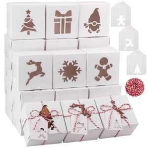 fovths 24 pieces christmas cookie boxes 4 x 4 x 2.5 inches white bakery pastry boxes with window pie gift boxes food treats container with tags, hemp rope for candy, doughnuts, cupcakes, gifts