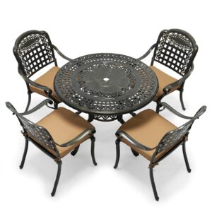 vivijason 5-piece patio furniture dining set, all-weather cast aluminum outdoor conversation set, include 4 cushioned chairs and 1 round table w/umbrella hole for balcony, lawn, garden, backyard