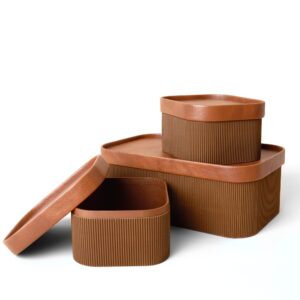 la jolie muse fluted cardboard storage baskets with leather-like lids, sturdy stackable paper boxes decorative tray, chocolate brown, set of 3