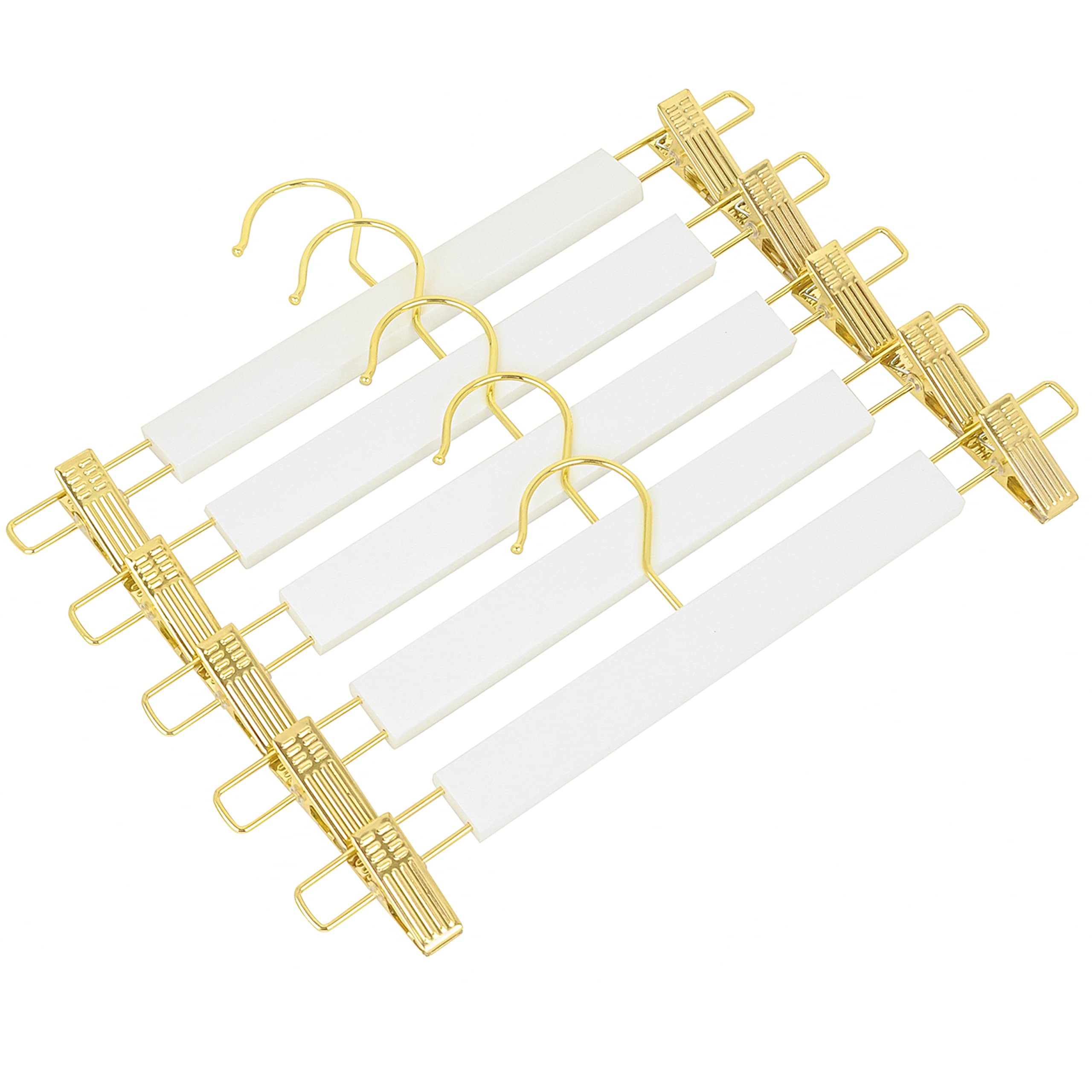 Amber Home 24 Pack 14.17" Solid White Wooden Pant Skirt Hangers with Gold Hook, Bottom Hangers for Slacks Trousers Jeans with 2-Adjustable Gold Clips (White, 24 Pack)