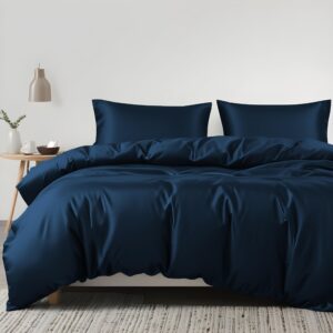 linenwalas tencel lyocell duvet cover set, eucalyptus cooling lightweight silk comforter cover set with zipper closure & corner ties (navy blue, king)