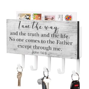 bible verse key holder for wall, i am the way mail holder and key rack for entryway, farmhouse home decor key hooks, rustic key hangers with 5 hooks