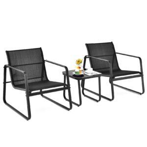 giantex 3 pieces patio bistro set, outdoor dining furniture set with rustproof steel frame, porch conversation set with glass top table & 2 lawn chairs for garden balcony deck yard, black