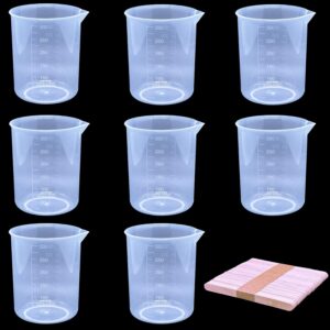 9 pack plastic beakers, 300ml/10.1oz epoxy mixing cups, plastic graduated cup clear measuring cup with 50 pcs mixing sticks for resin, epoxy, stain, mixing paint