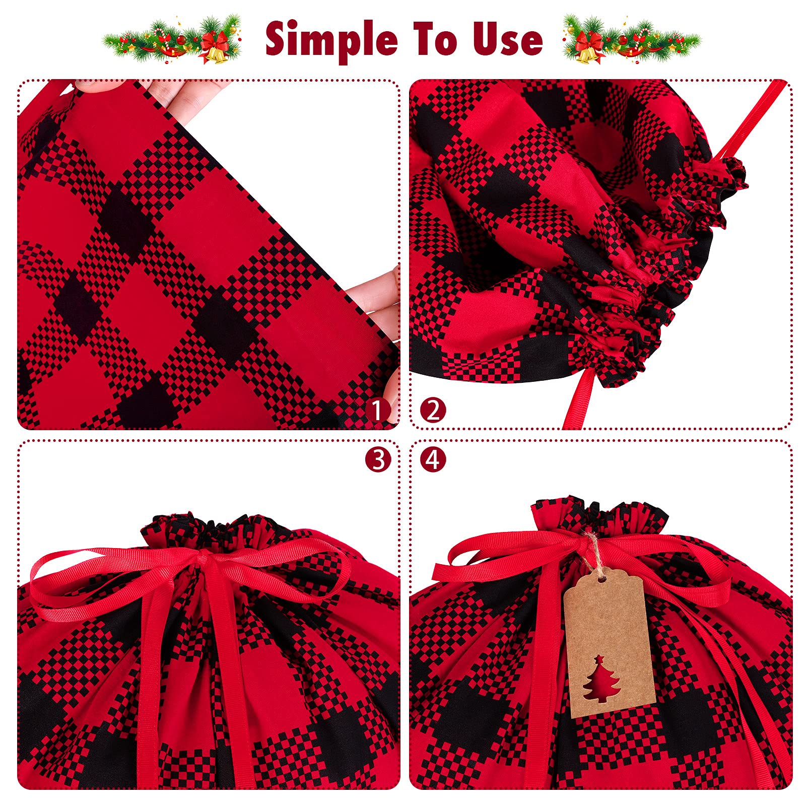 Aneco 4 Pack Big Christmas Buffalo Plaid Drawstring Gift Bags Red and Black Plaid Cotton Christmas Gift Bag Fabric for Xmas Game Party Supplies Santa Claus Backpacks, Extra Large Size 31.5 x 21.7 Inch