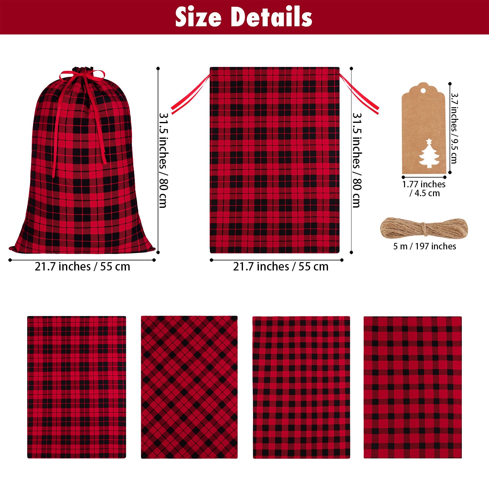 Aneco 4 Pack Big Christmas Buffalo Plaid Drawstring Gift Bags Red and Black Plaid Cotton Christmas Gift Bag Fabric for Xmas Game Party Supplies Santa Claus Backpacks, Extra Large Size 31.5 x 21.7 Inch