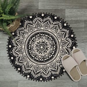 uphome small round rug 2.3’ black mandala boho bathroom rugs with pom poms fringe washable circle shower mat soft non-slip cute circular throw rug for sink powder room bedroom kids room nursery