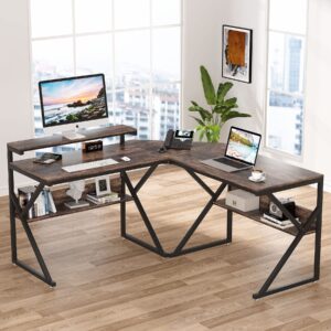 tribesigns l shaped desk with storage shelves, 63 inch industrial corner computer desk with monitor stand, study writing table workstation for home office, rustic brown