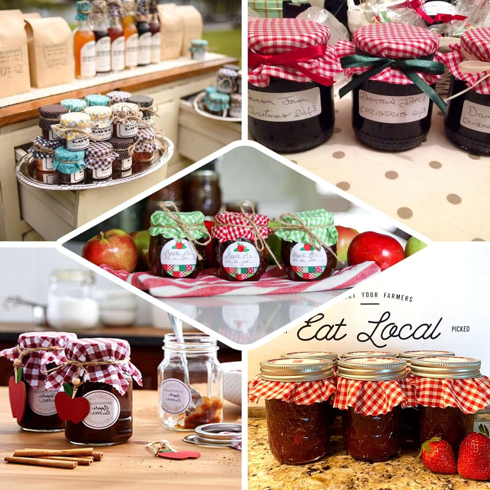 Efavormart 6 Pack | 6" Red/White Checkered Jam Jar Covers, Gingham Polyester Fabric Mason Jar Covers with Jute String - Scalloped Edge