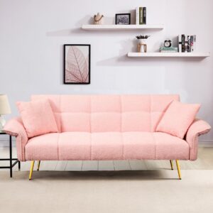 ouyessir teddy futon sofa bed with 2 pillows, small couch, convertible futon sleeper sofa with folding armrests, 70" modern loveseat couch for bedroom, living room (pink)