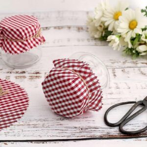 Efavormart 6 Pack | 6" Red/White Checkered Jam Jar Covers, Gingham Polyester Fabric Mason Jar Covers with Jute String - Scalloped Edge