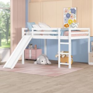 full loft beds with slide, low loft bed frame with ladders modern fun junior loft bed for kids boys girls, white