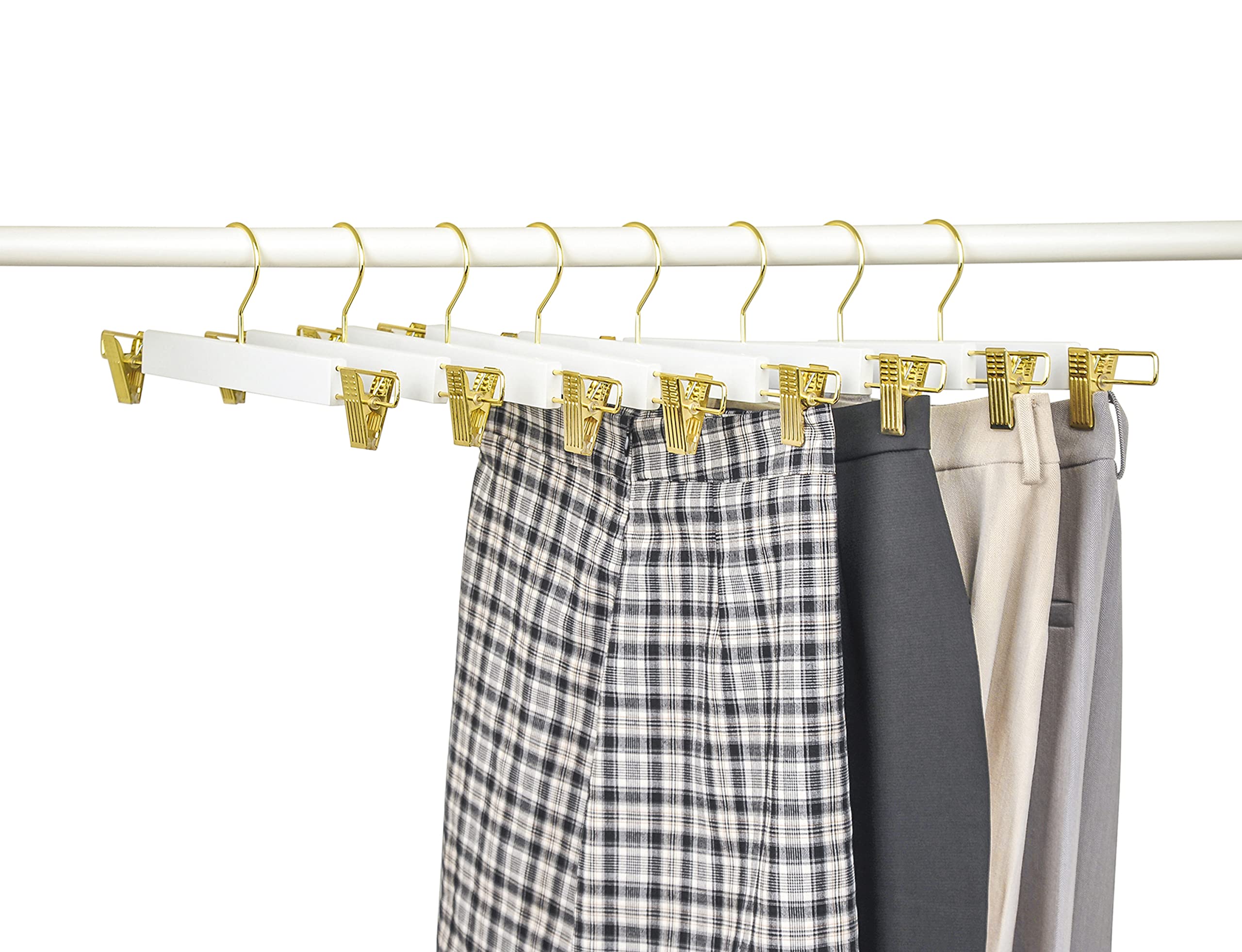 Amber Home 24 Pack 14.17" Solid White Wooden Pant Skirt Hangers with Gold Hook, Bottom Hangers for Slacks Trousers Jeans with 2-Adjustable Gold Clips (White, 24 Pack)