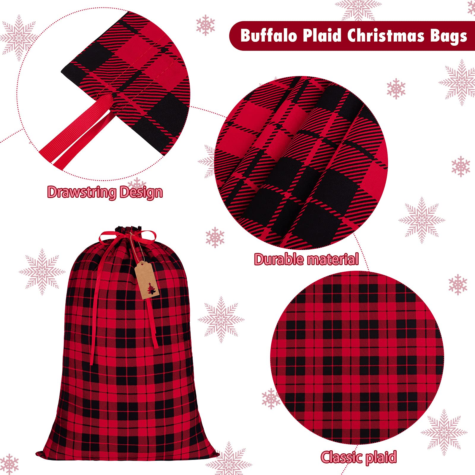 Aneco 4 Pack Big Christmas Buffalo Plaid Drawstring Gift Bags Red and Black Plaid Cotton Christmas Gift Bag Fabric for Xmas Game Party Supplies Santa Claus Backpacks, Extra Large Size 31.5 x 21.7 Inch