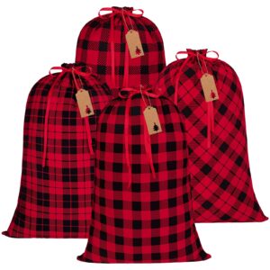 aneco 4 pack big christmas buffalo plaid drawstring gift bags red and black plaid cotton christmas gift bag fabric for xmas game party supplies santa claus backpacks, extra large size 31.5 x 21.7 inch