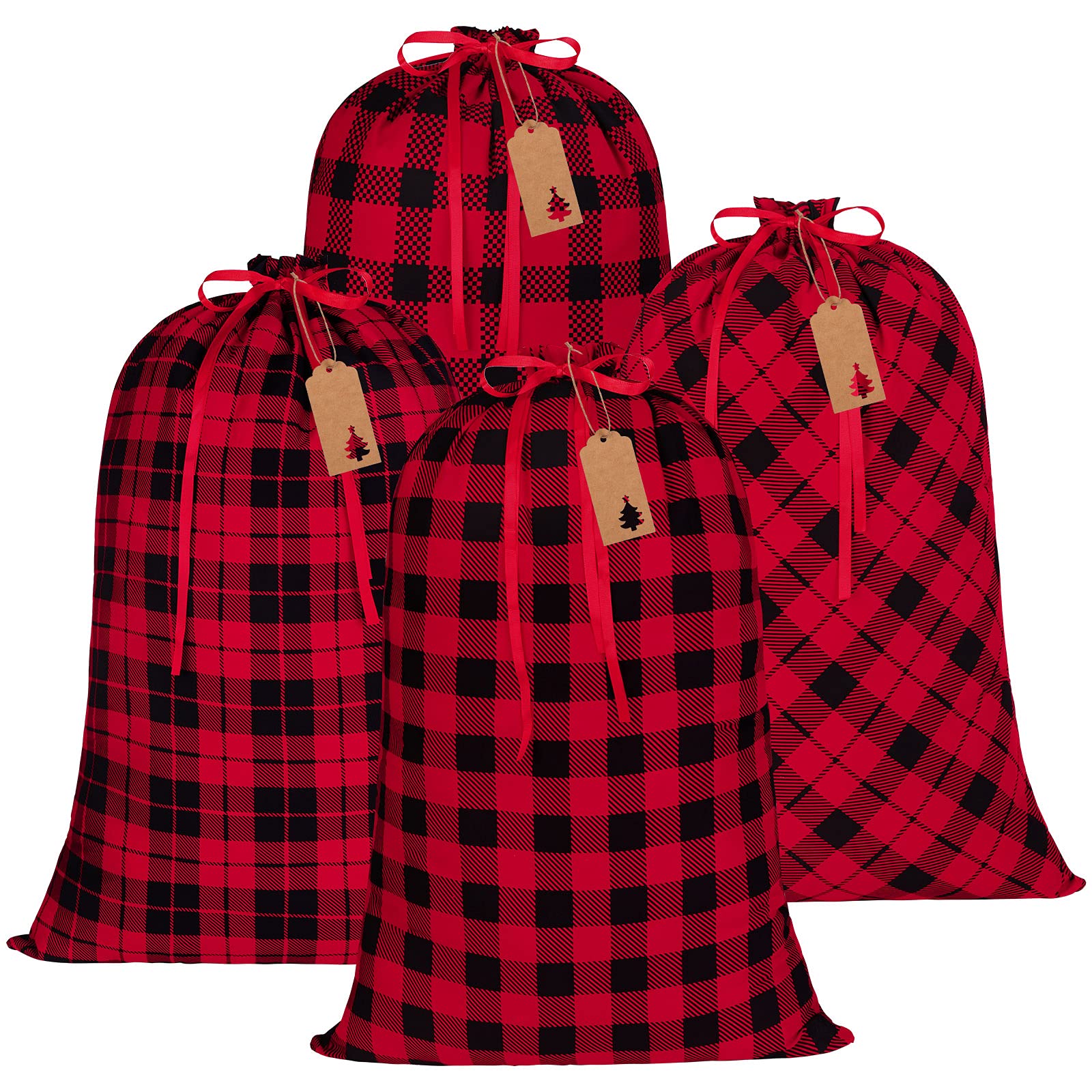 Aneco 4 Pack Big Christmas Buffalo Plaid Drawstring Gift Bags Red and Black Plaid Cotton Christmas Gift Bag Fabric for Xmas Game Party Supplies Santa Claus Backpacks, Extra Large Size 31.5 x 21.7 Inch