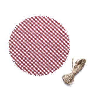 Efavormart 6 Pack | 6" Red/White Checkered Jam Jar Covers, Gingham Polyester Fabric Mason Jar Covers with Jute String - Scalloped Edge