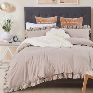 3 pieces duvet cover set washed cotton taupe ruffled duvet quilt cover with zipper bedding set queen size-shabby ruffle, taupe