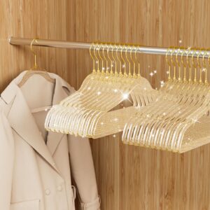 ueakpic 50 pack clear plastic hangers with gold glitter, acrylic hangers ultra slim & space saving suit hangers for coats, pants & dress clothes