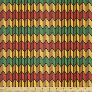 ambesonne rasta fabric by the yard, geometrical zig zag triangle inspired shapes in flag colors art print, stretch knit fabric for clothing sewing and arts crafts, 1 yard, marigold orange