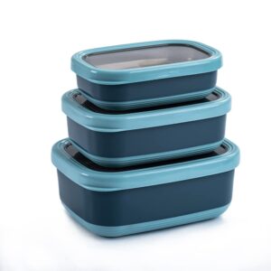 lille home leak proof steel food containers - snack stainless steel containers - ideal for educational settings & daycare - nesting trio with silicone lids - 47oz+30oz+16oz - dark blue