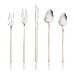 jashii slim handle silverware set 20 pieces, 304 stainless steel colorful flatware set, titanium plating cutlery set, utensil sets for home dinner service for 4, dishwasher safe - beige&silver