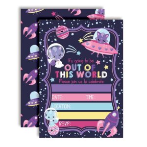 out of this world cute cats in space themed birthday party invitations for kids, 20 5x7 fill in cards with twenty white envelopes by amandacreation