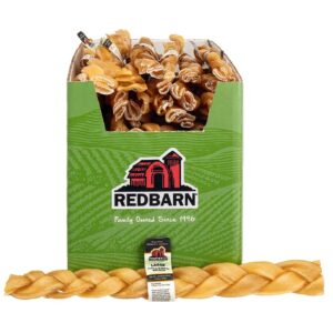 recbarn natural 12" beef collagen braids - case of 20 sticks - long lasting low-odor alternative to rawhide & bully sticks -single ingredient chew for medium large dogs