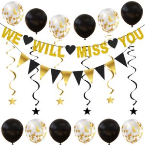 we will miss you decorations gold glitter we will miss you banner, triangle flag garland, star hanging swirls and balloons for office leaving, farewell, goodbye, going away party decorations