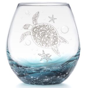 sea turtle stemless wine glass, 19 oz ideal unique ocean coastal beach gifts for sea turtle lovers, birthday mother's day gifts for party women man mom friends co-worker (crackle teal)