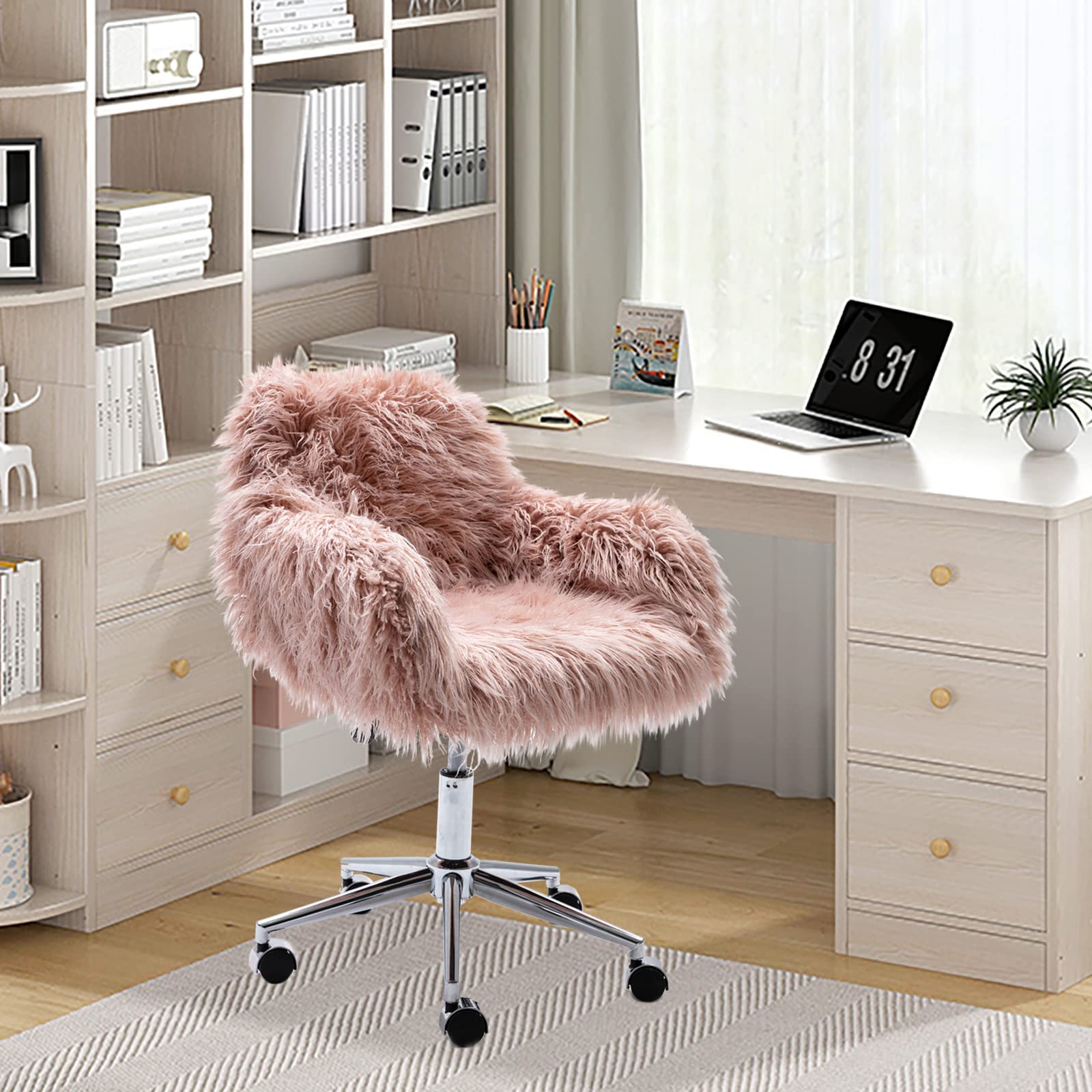 HomVent Fluffy Desk Chair Pink Faux Fur Vanity Chair Adjustable Swivel Computer Chair on Wheels Height Adjustable Cute Desk Chair for Makeup Room Teen Girls Bedroom Home Office (Pink)