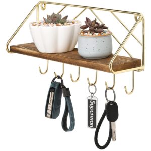 mygift 12.4 inch brass wall key holder organizer rack, decorative wall-mounted entryway floating wood shelf with 6 key hooks