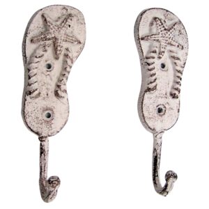 cast iron pair of white washed flip flop wall hooks, beach themed décor, set of 2, 6.5 inches