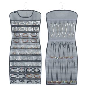 anzorg dual sided jewelry hanging organizer closet necklace holder for earrings bracelets rings with 42 clear pockets and 17 hook loops (grey