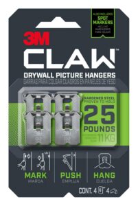 3m claw 25 lb. drywall picture hanger with spot markers, heavyweight hanging solution for room decor and office decor, including mirrors or large art – 4 pack