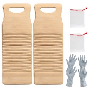 pingeui 2 pack bamboo washboard, anti-slip wood washing clothes washboard, washboard for laundry, included 2 pair rubber gloves and 2 soap net