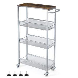 nananardoso slim rolling cart, narrow cart with wood top, 7.3'' deep, metal handle and wire mesh kitchen cart for narrow space on kitchen, bathroom, silver.