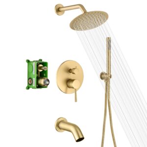 sumerain shower system with tub spout and handheld shower, brass rain shower tub set with 8 inches shower head and rough in valve brushed gold