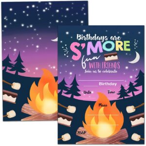 nopoben birthday party invitation cards, camping s'mores bonfire birthday party celebration, bithday are s'more with friends party supplies, favors, 20 cards with 20 envelopes – (c03)