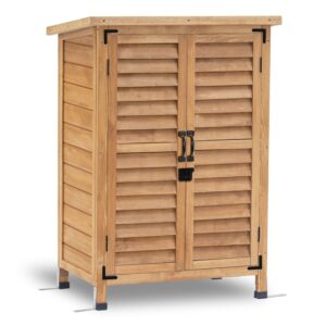 mcombo outdoor wood storage cabinet, small size garden wooden tool shed with double doors, outside tools cabinet for backyard (24.6”x 18.3”x38.2”) 0985 (yellow)