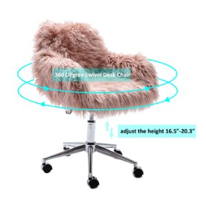 HomVent Fluffy Desk Chair Pink Faux Fur Vanity Chair Adjustable Swivel Computer Chair on Wheels Height Adjustable Cute Desk Chair for Makeup Room Teen Girls Bedroom Home Office (Pink)