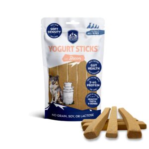 yogurt sticks, prebiotic & probiotics,protein rich - lactose free - gluten free - corn free - grain free ,usa made for all breeds ,5 pieces of droolicious yogurt sticks ,bacon flavor